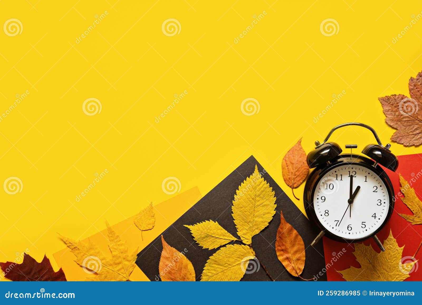 Daylight Saving Day. Fall Back. Black Alarm Clock and Autumn Leaves on ...
