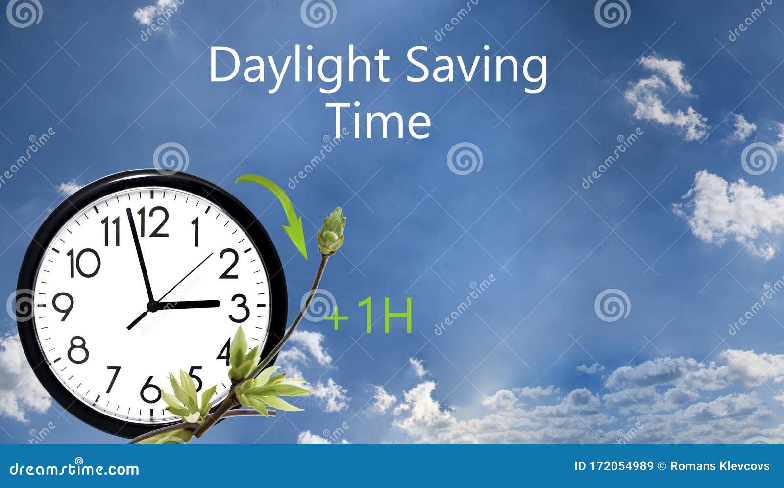 Daylight Saving Time DST. Blue Sky with White Clouds and Clock Stock ...