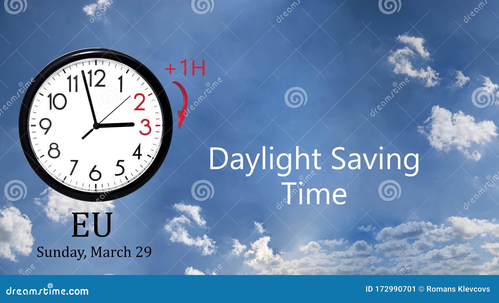 Daylight Saving Time DST. Blue Sky with White Clouds and Clock Stock ...