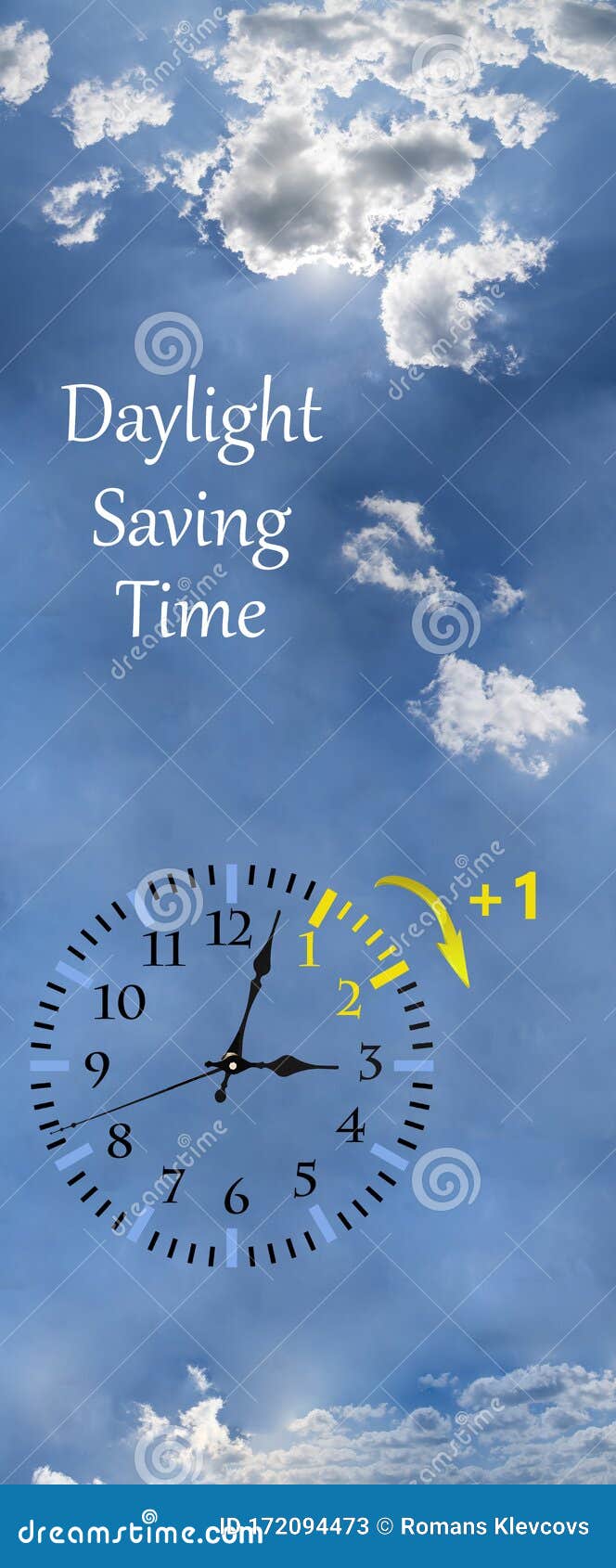 Daylight Saving Time DST. Blue Sky with White Clouds and Clock Stock ...