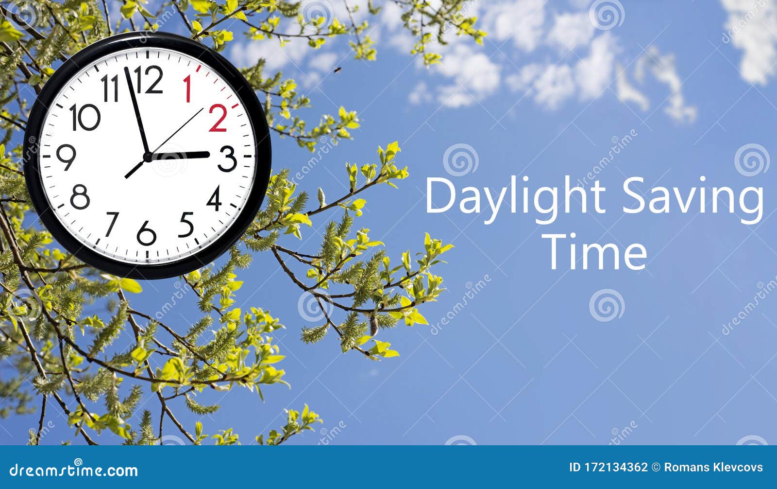 Daylight Saving Time DST. Blue Sky with White Clouds and Clock Stock ...