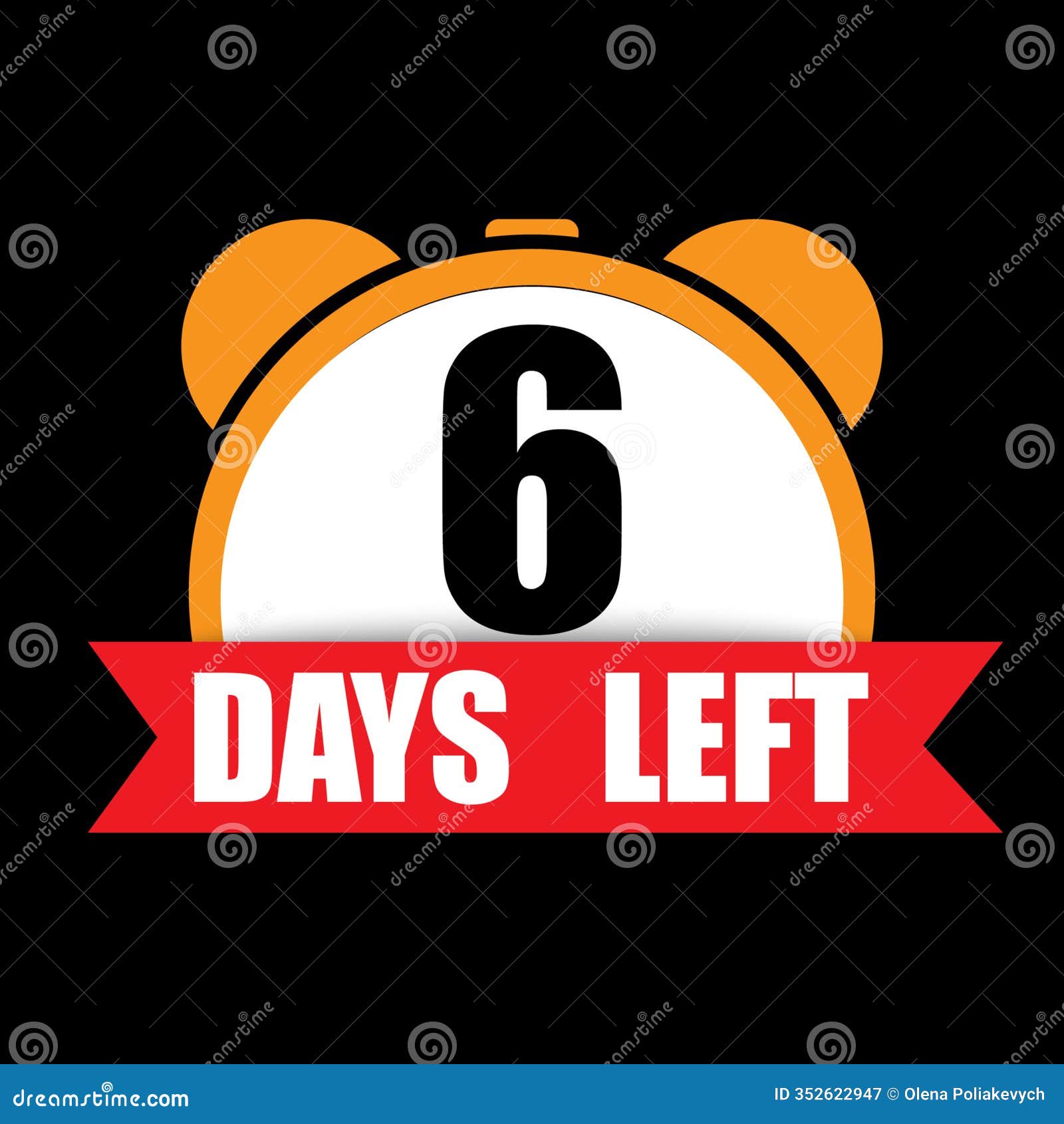 6 Days Left Text. Countdown Number Six. Red Ribbon Clock. Vector Bold ...