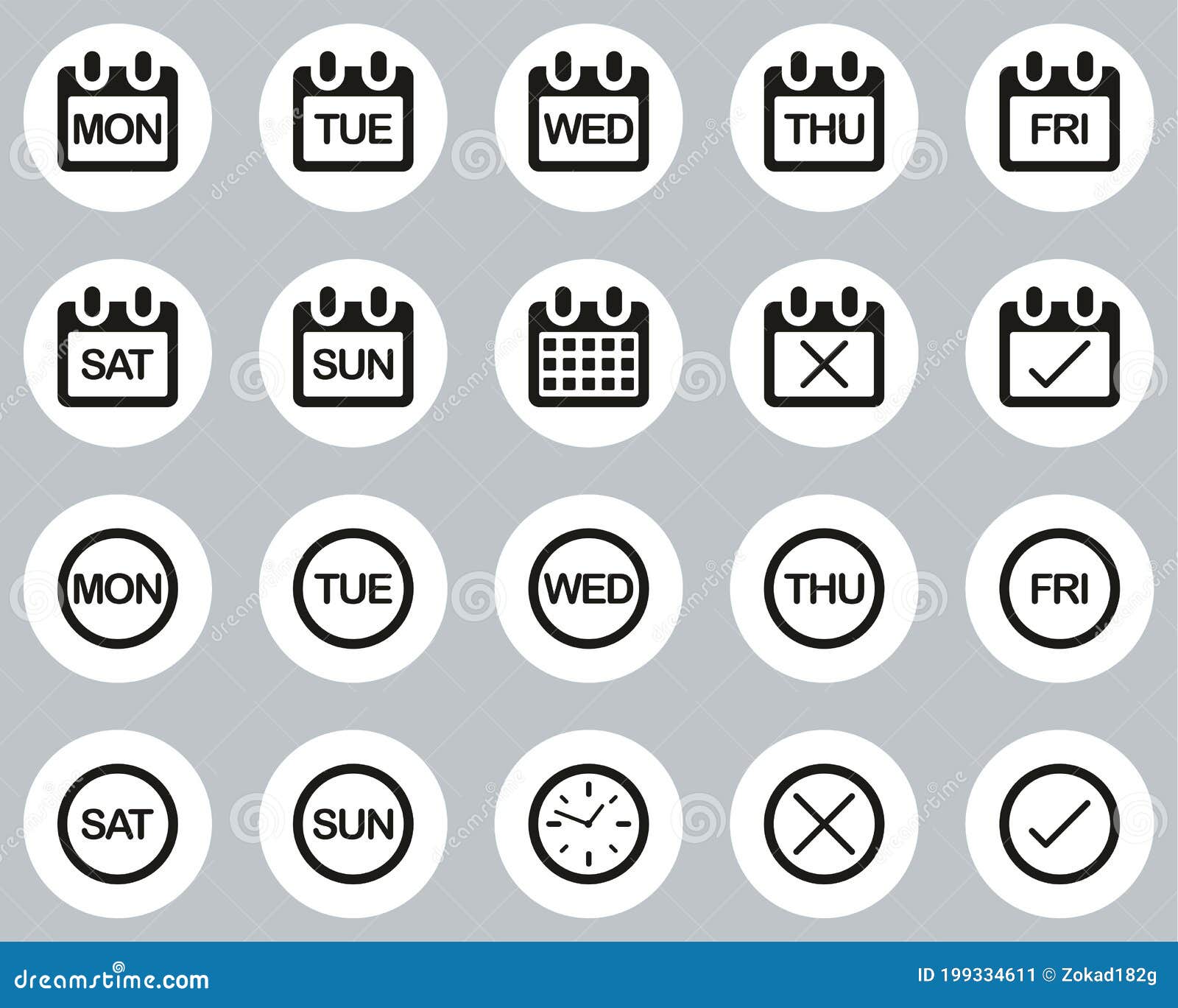 Days of the Week Icons Black & White Flat Design Circle Set Big Stock ...