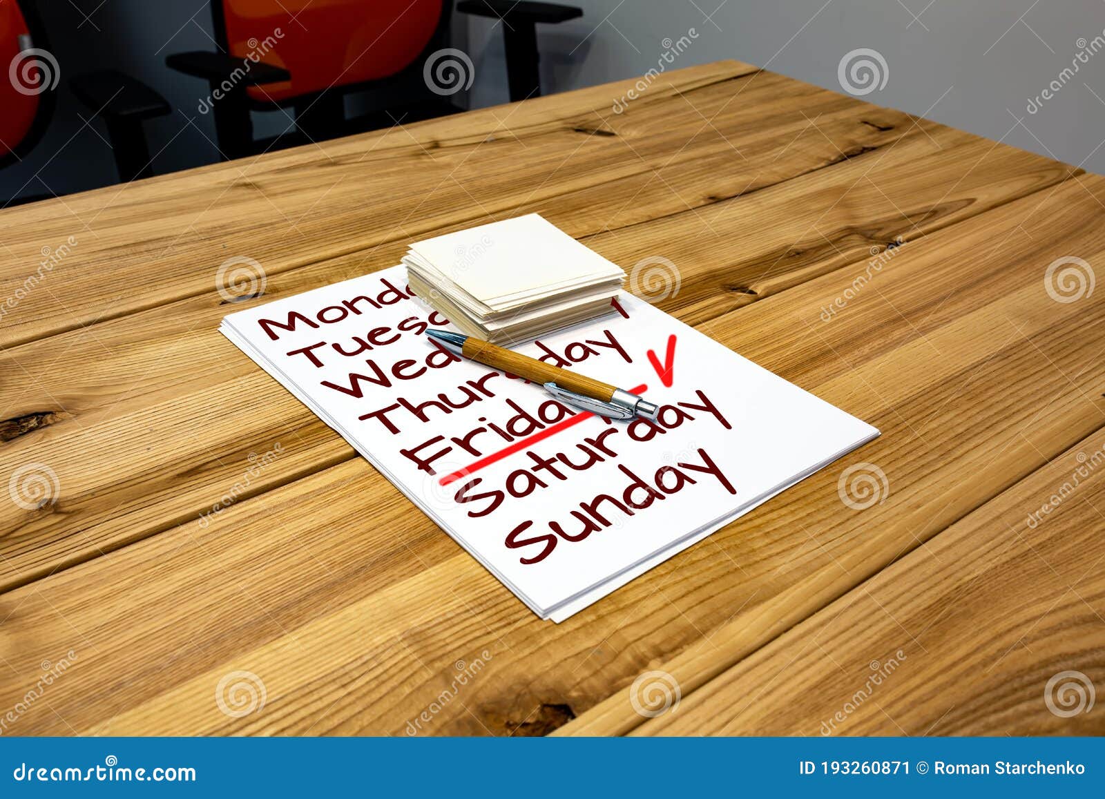 Days of the Week on Sheets of White Paper and Notes for Writing Stock ...