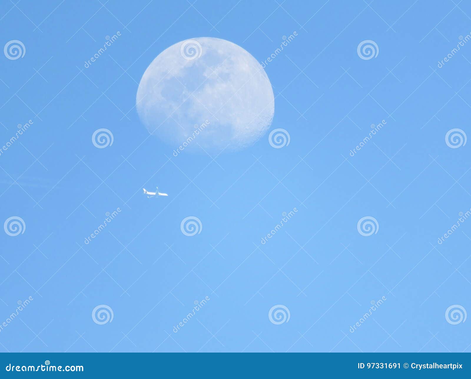 Daytime Moon with Airplane Flying Beneath Stock Image - Image of nature ...