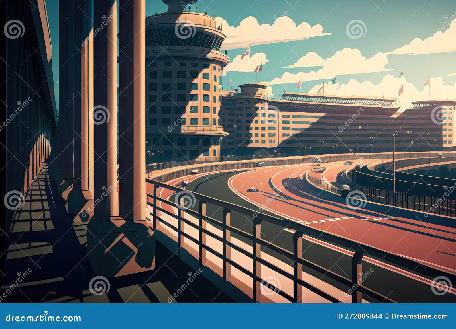 Daytime Scene of a Racetrack with Railing and a Metropolitan Backdrop ...