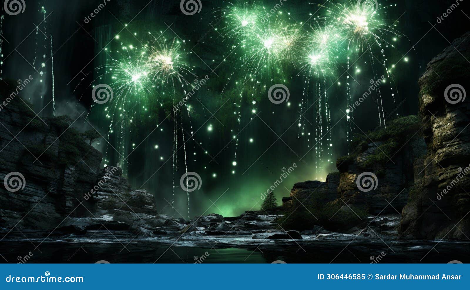 A Dazzling Array of Green and Silver Fireworks Cascading Like a ...