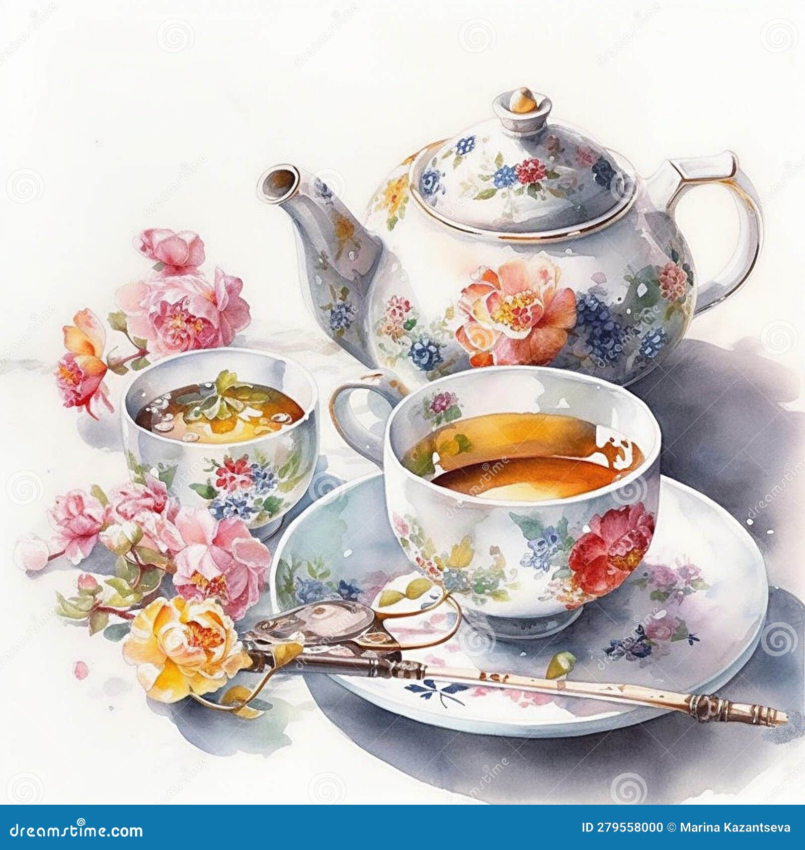 Tea Still Life Chinese Tea Set, Watercolor Illustration. Stock Photo ...