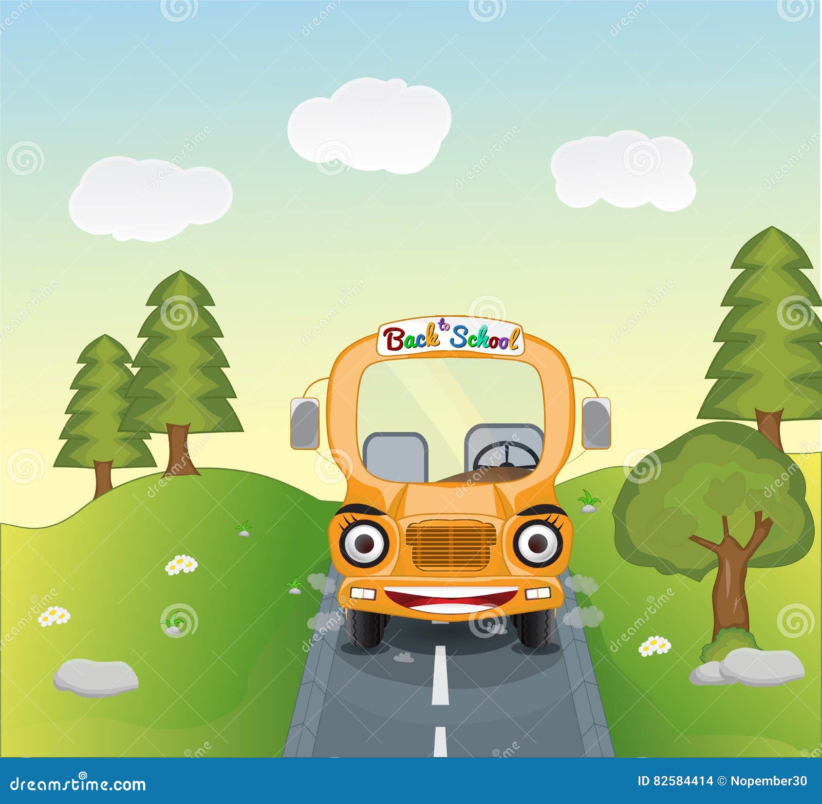 De Bus Van De Beeldverhaalschool Op De Weg Vector Illustratie ...