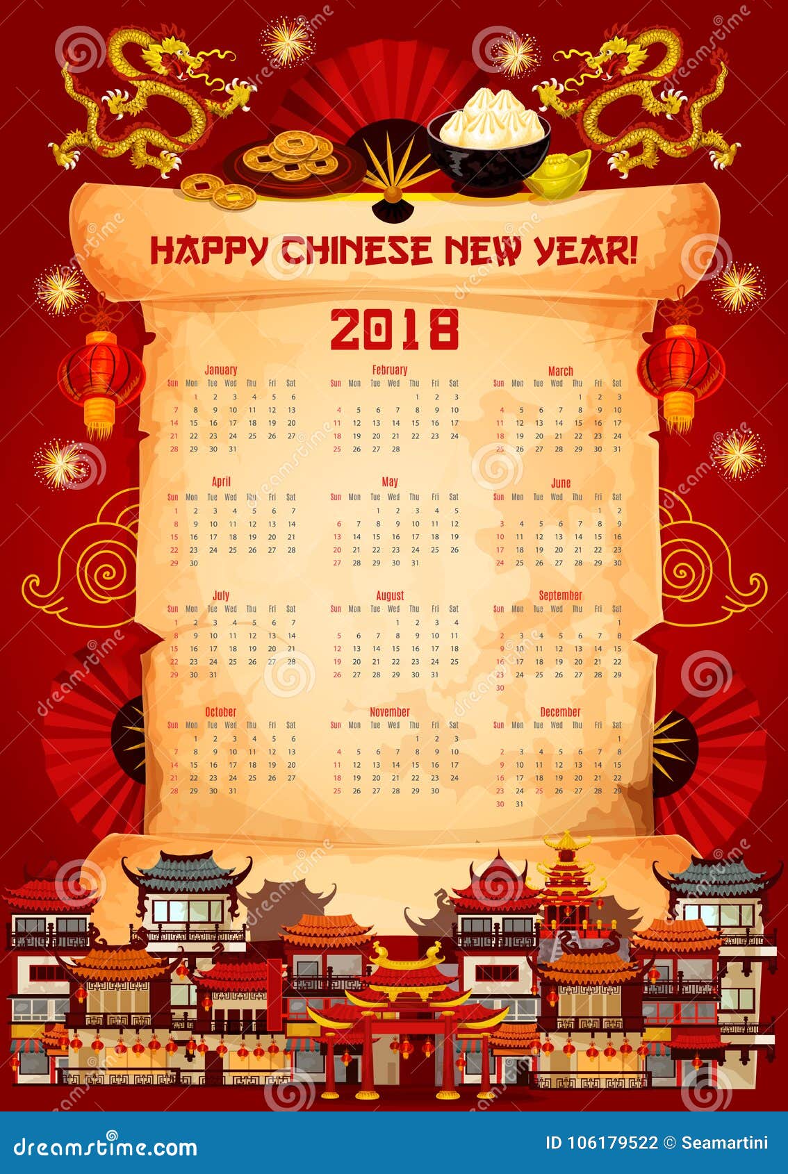 De Chinese Rol Van De Nieuwjaar Vector 2018 Kalender Vector Illustratie ...