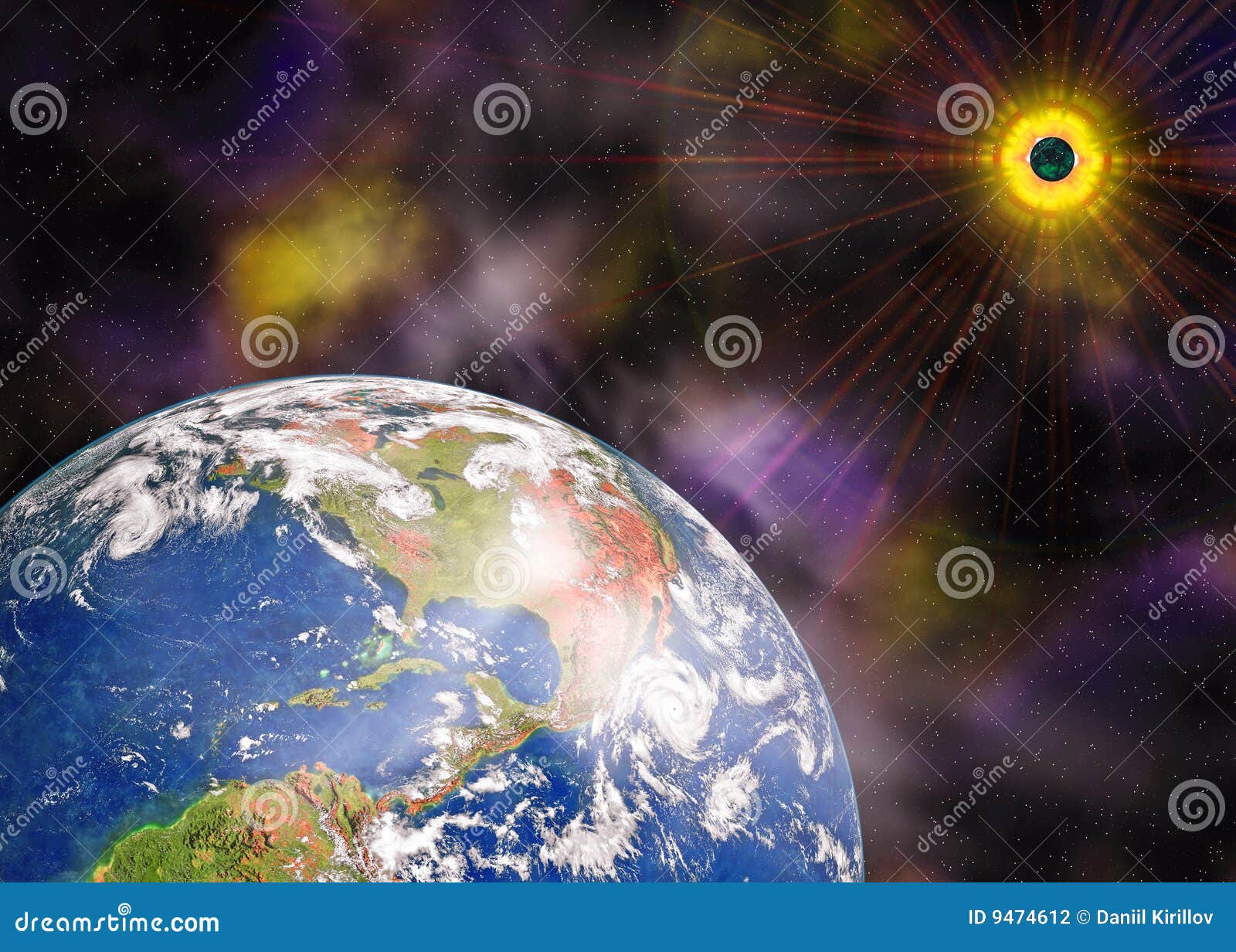De De Blauwe Planeet En Zon Van De Aarde in Ruimte Stock Illustratie ...