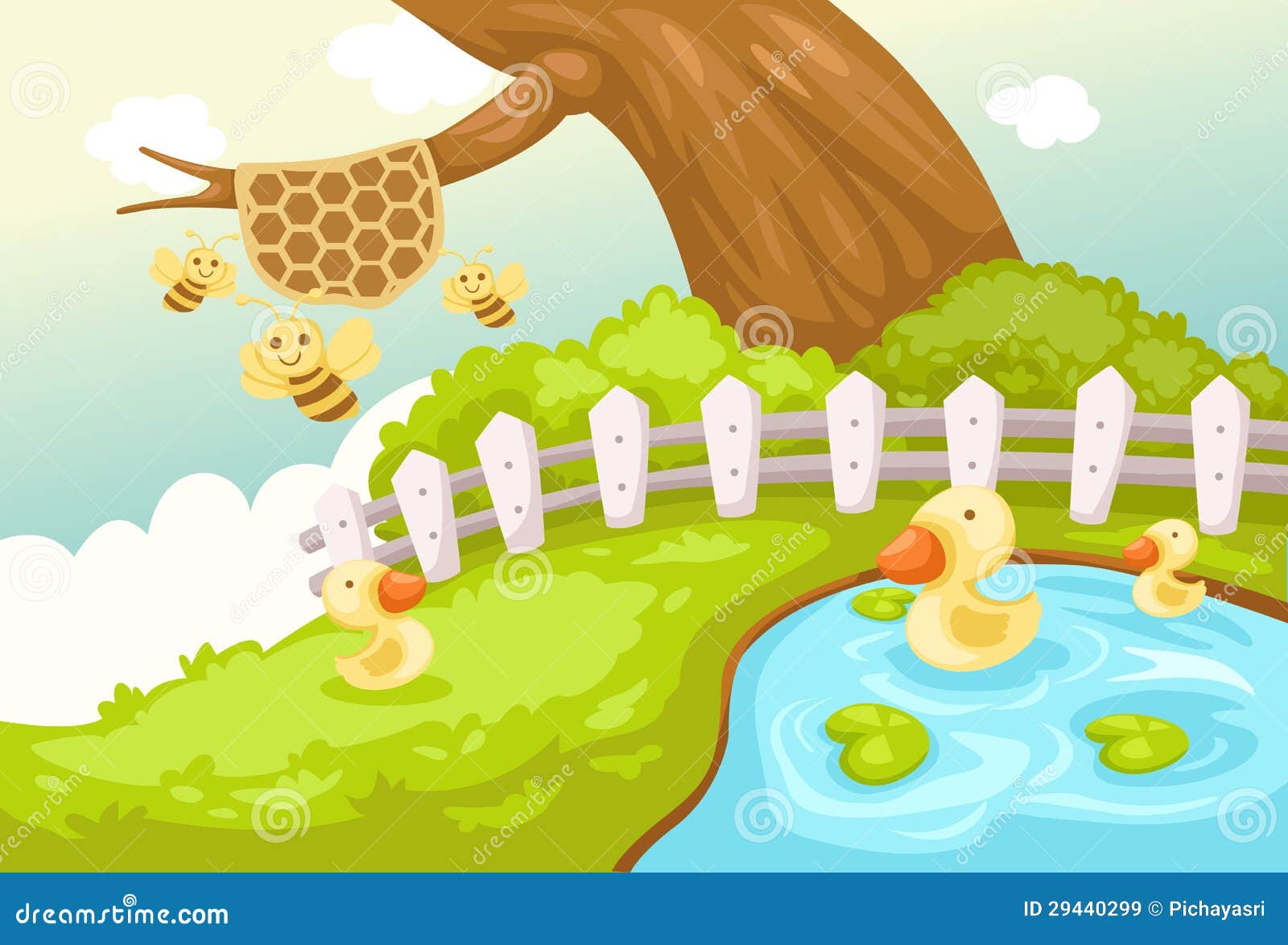 De De Leuke Eend En Bijen Van Het Landschap Vector Illustratie ...