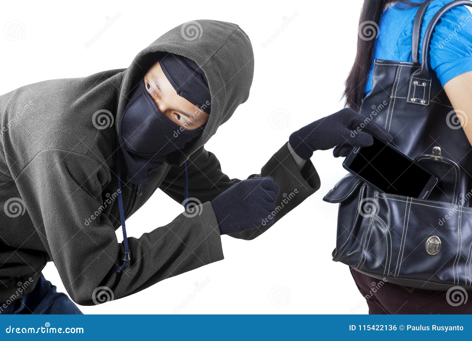 De Dief Steelt Telefoon Van Jonge Vrouw Op Studio Stock Foto - Image of ...