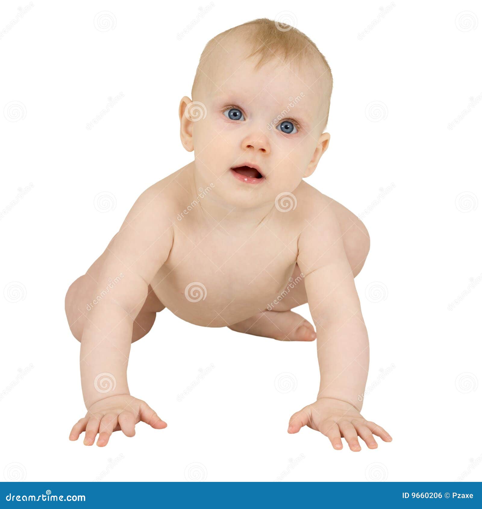 De Gelukkige Baby Kruipt Op Een Wit Stock Foto - Image of portret ...
