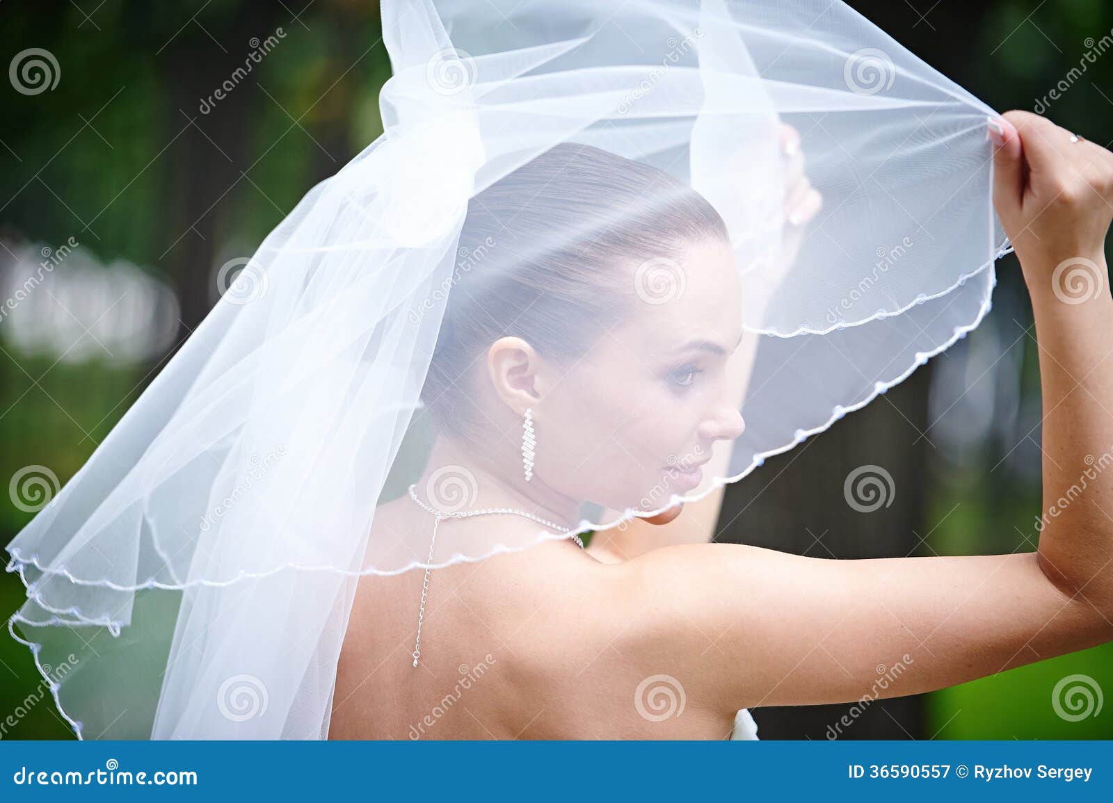 De Gelukkige Bruid Houdt Sluier Stock Afbeelding - Image of nave ...