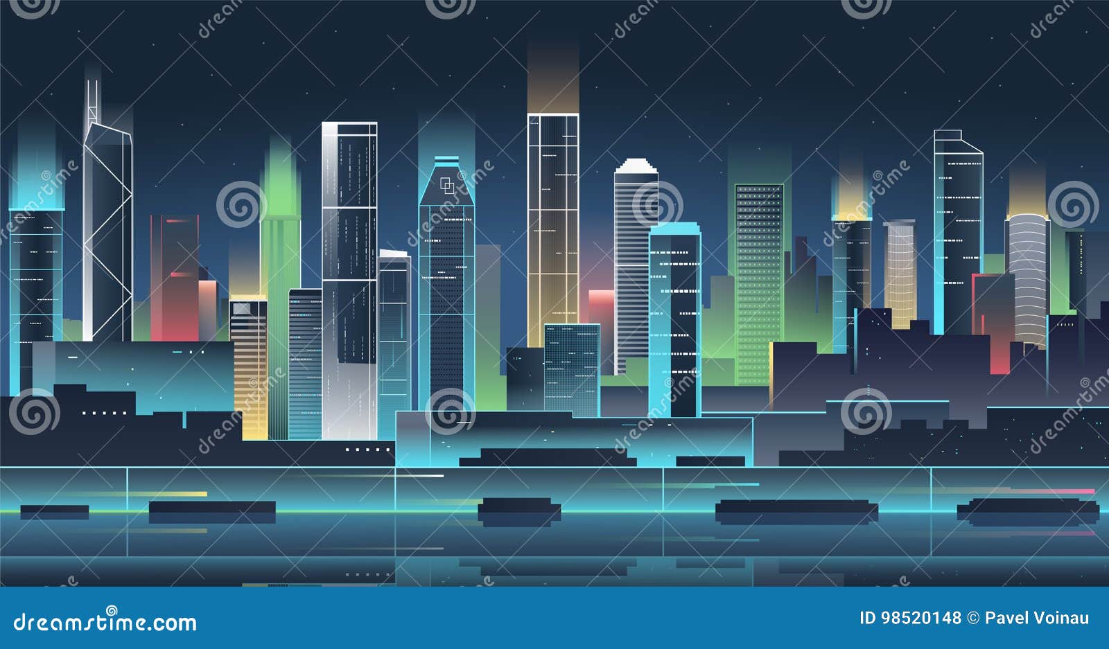 De Horizon Van De Nachtstad Met Neonlichten Moderne Stad Vector Vector ...