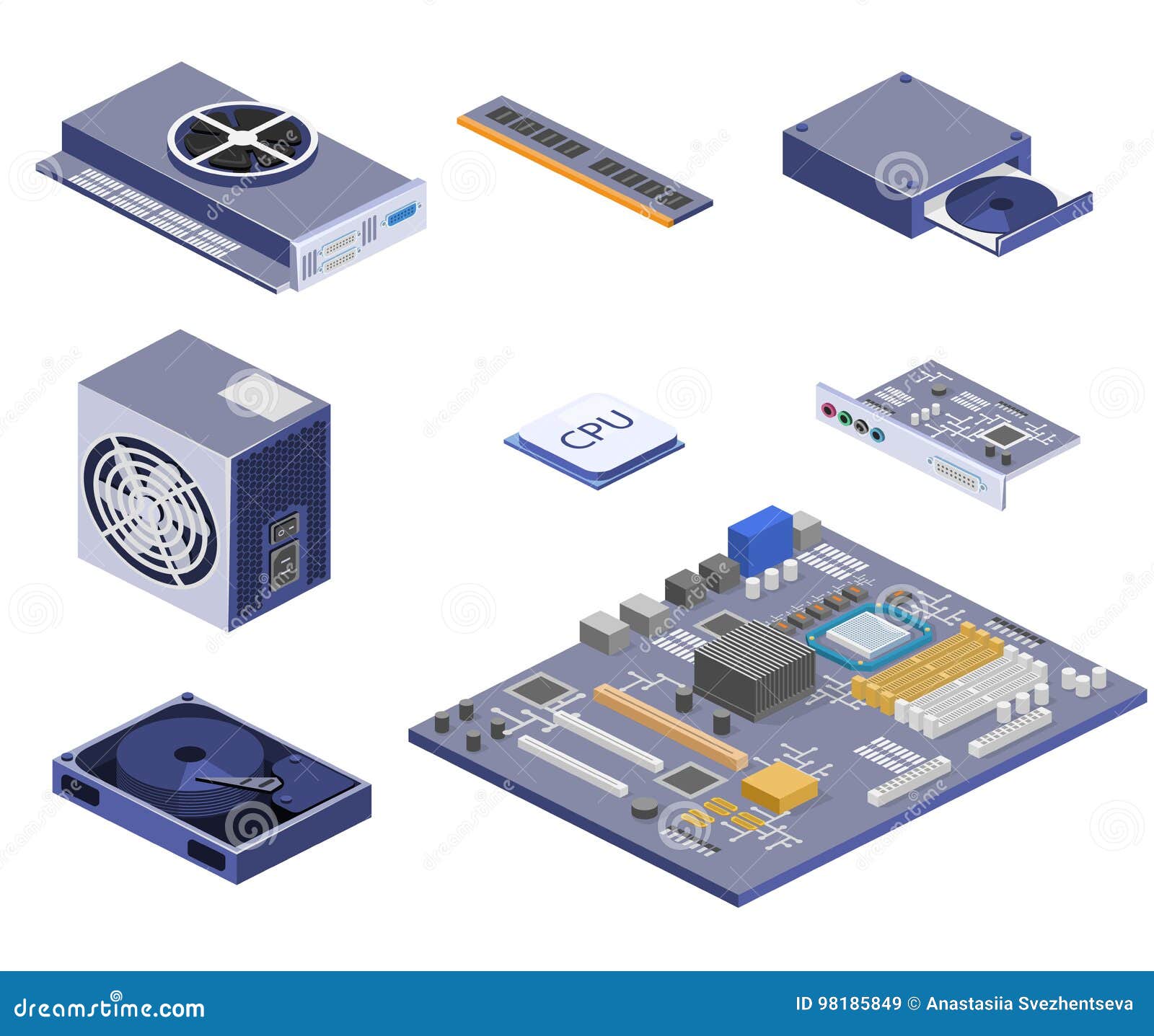 De Isometrische Vlakke 3D Witte Delen Van De Computercomputer Stock ...