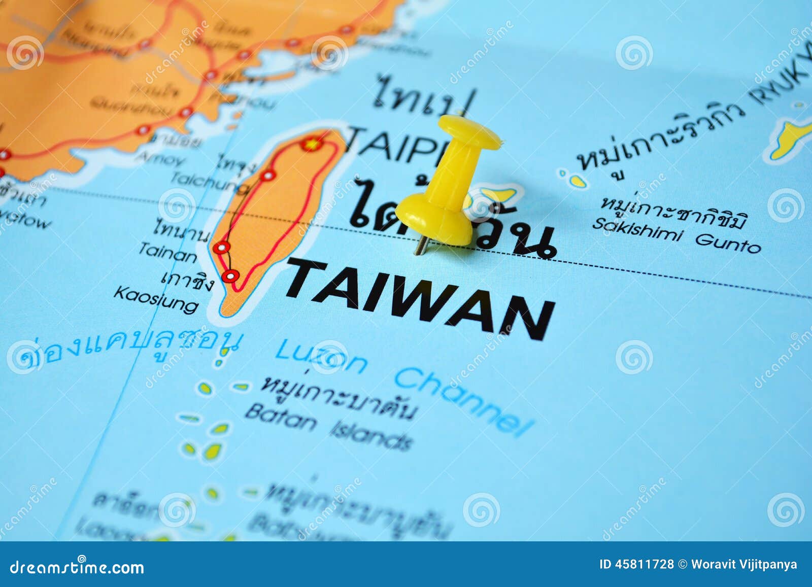 De kaart van Taiwan stock foto. Image of bestemming, speld - 45811728
