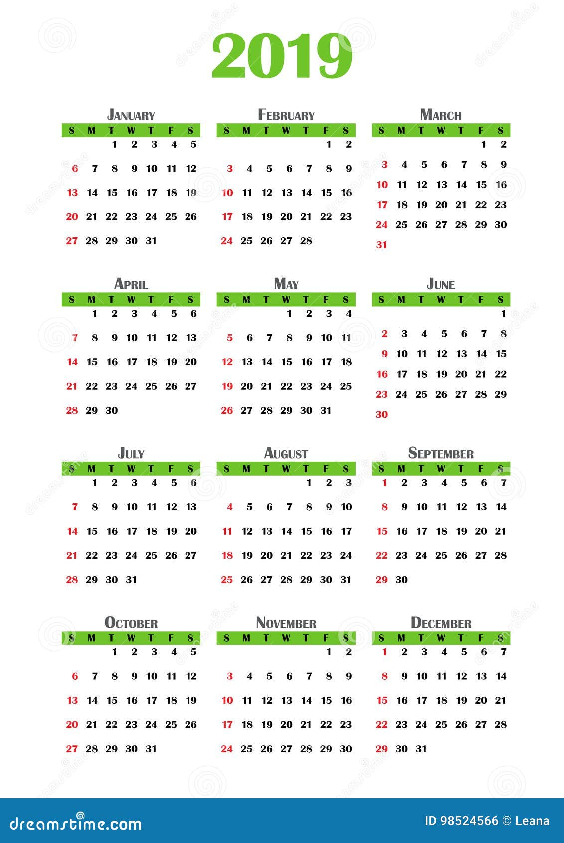 De kalender van 2019 stock illustratie. Illustration of maandelijks ...