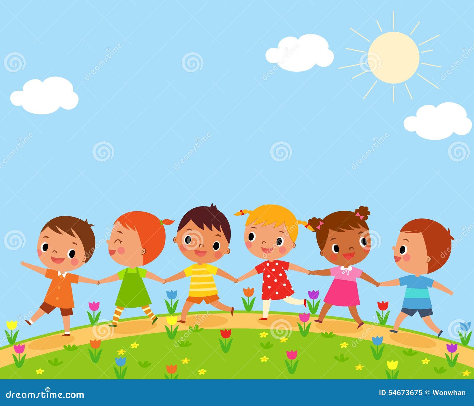 De Kinderen Lopen Op Een Mooie De Lentedag Vector Illustratie ...