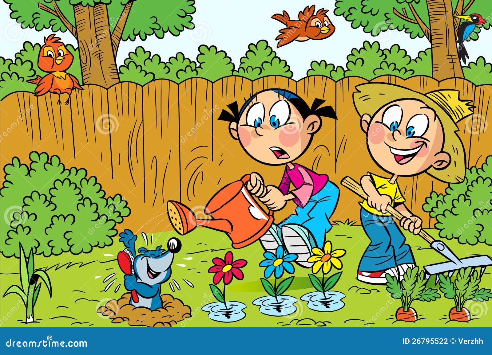 De Kinderen Werken In De Tuin Vector Illustratie - Afbeelding: 26795522