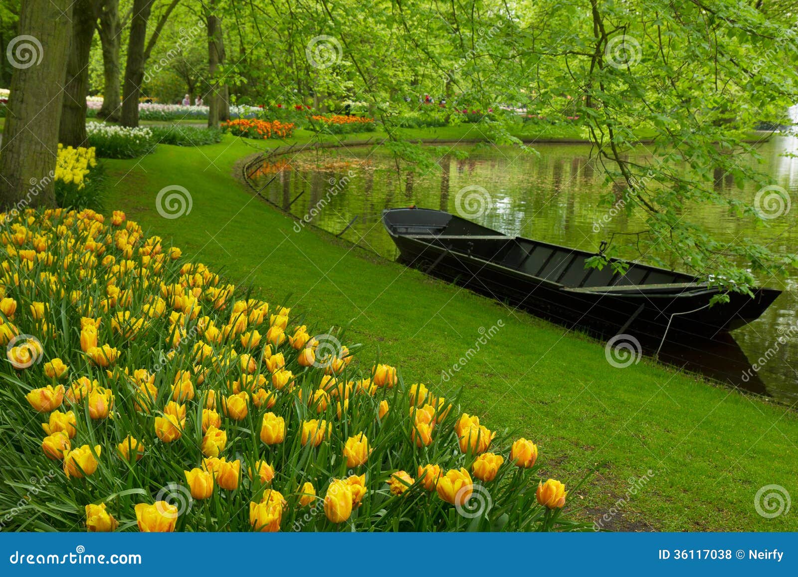 De Lentetuin Met Kanaal En Boot Stock Foto - Image of tuinieren ...