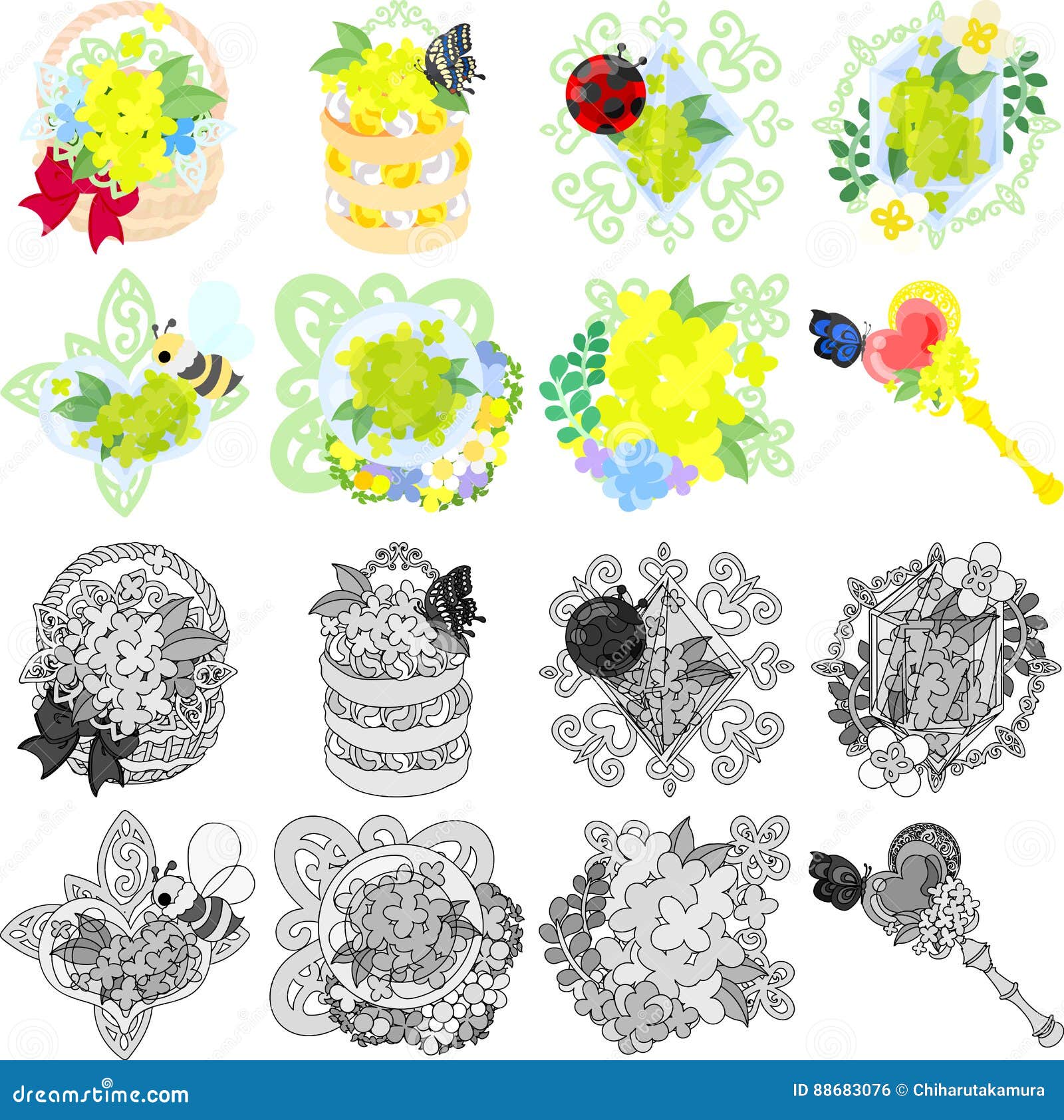 De Leuke Pictogrammen Van Bloemvoorwerpen Vector Illustratie ...