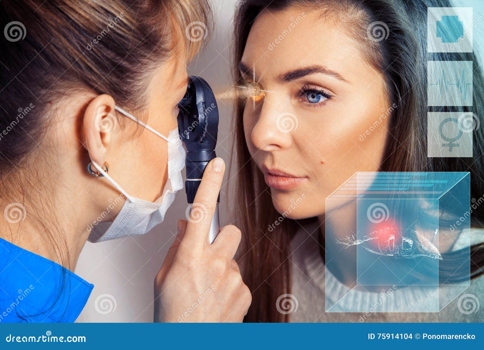 De Oftalmoloog Onderzoekt De Ogen Gebruikend Een Oog Devic Laser Stock ...