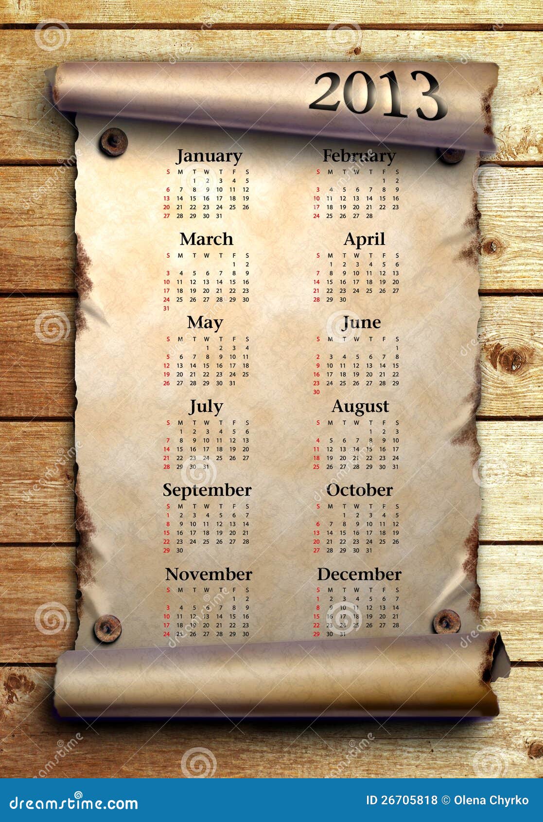 De Rol Van De Kalender 2013 Van Oud Document Op Houten Raad Stock ...