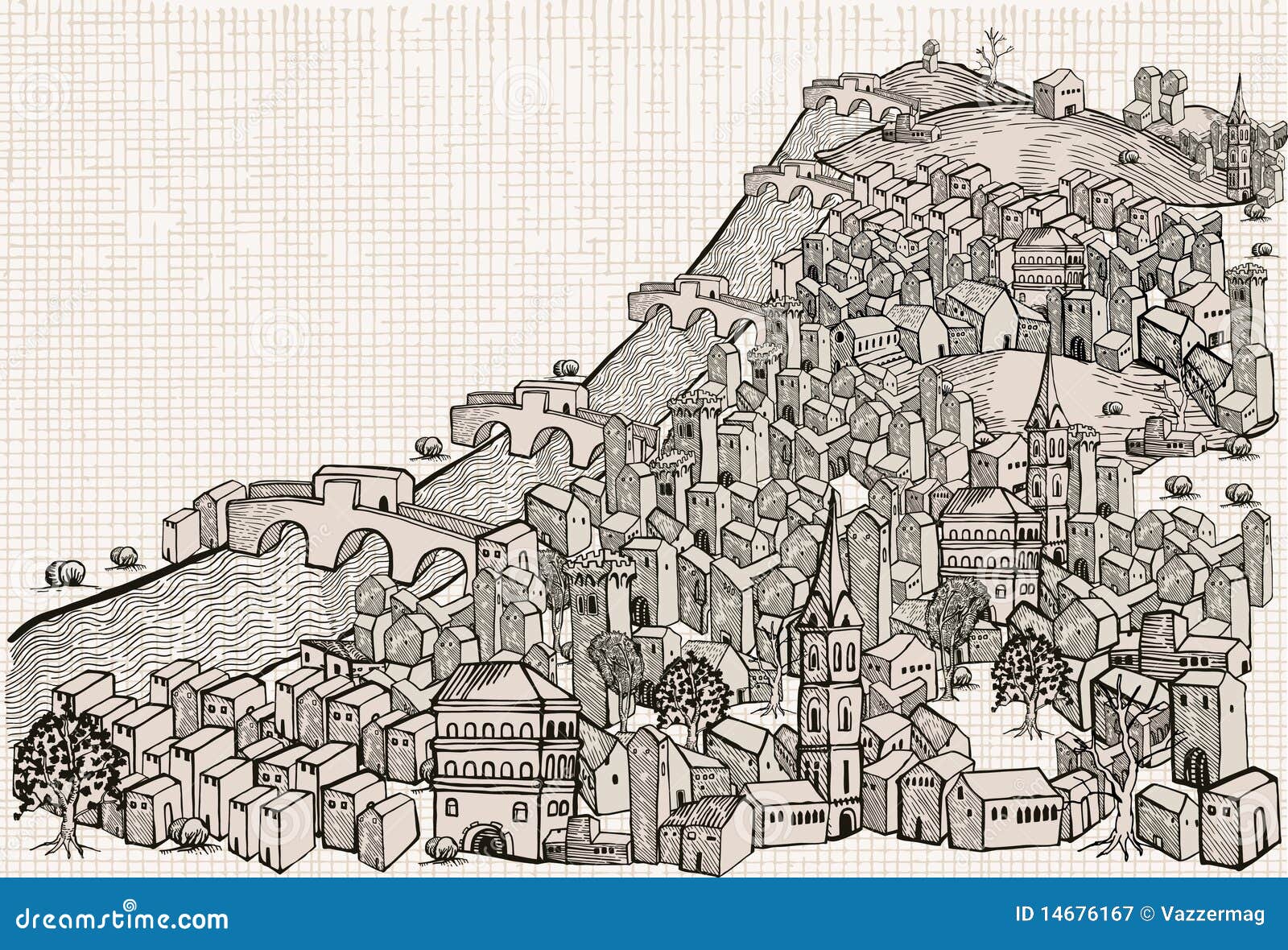 De Stad Van De Rivier - Tekening Stock Illustratie - Illustration of ...