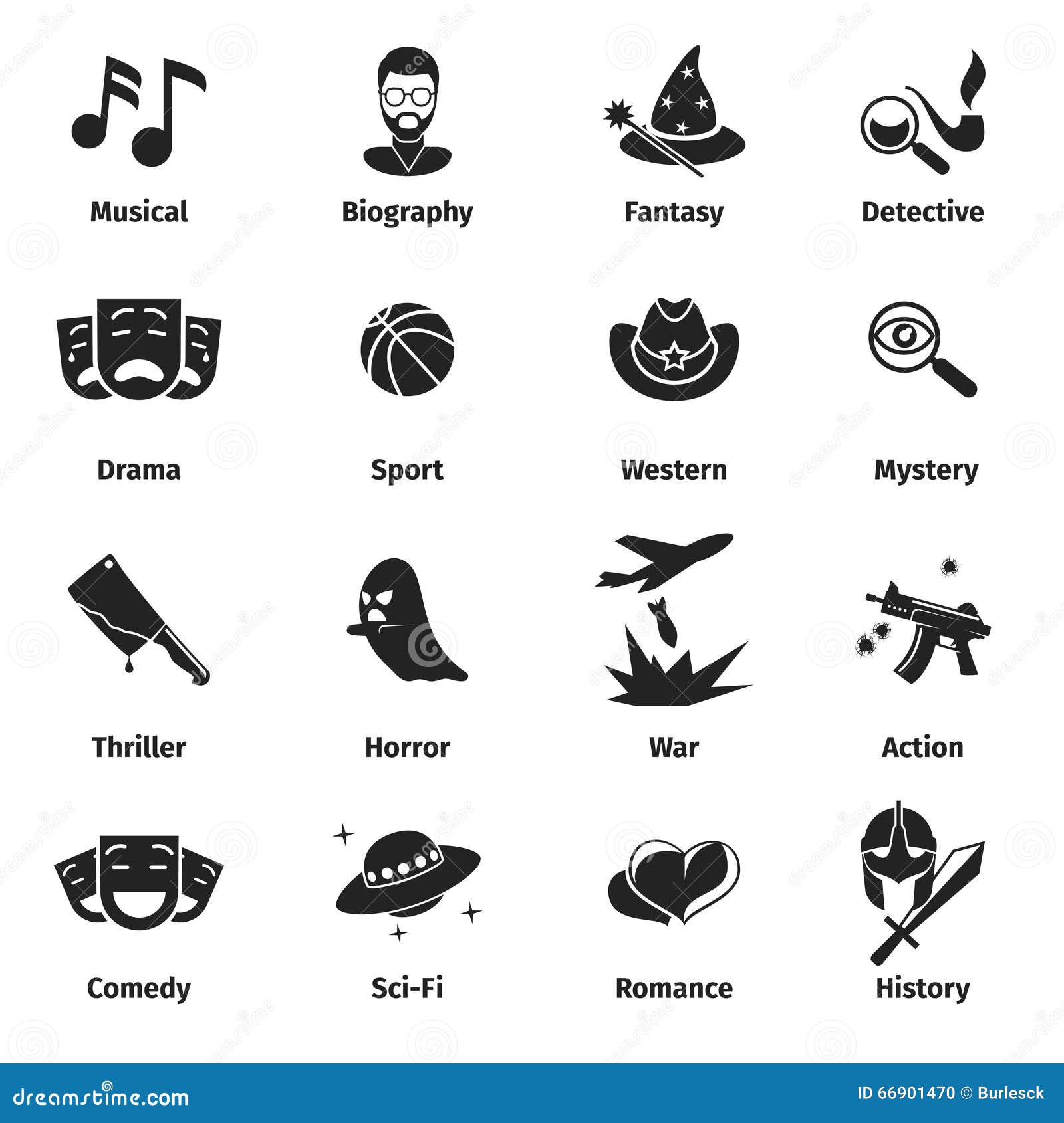 De Vectorpictogrammen Van Filmgenres Vector Illustratie - Illustration ...