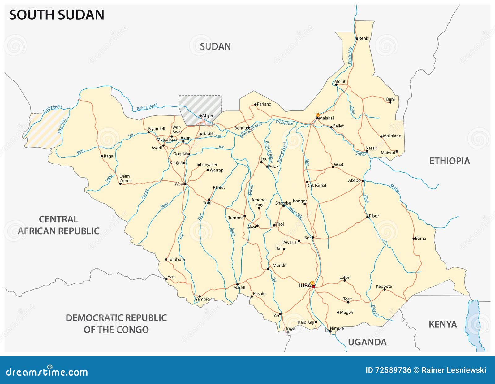 De Wegenkaart Van Zuid-Soedan Stock Illustratie - Illustration of ...