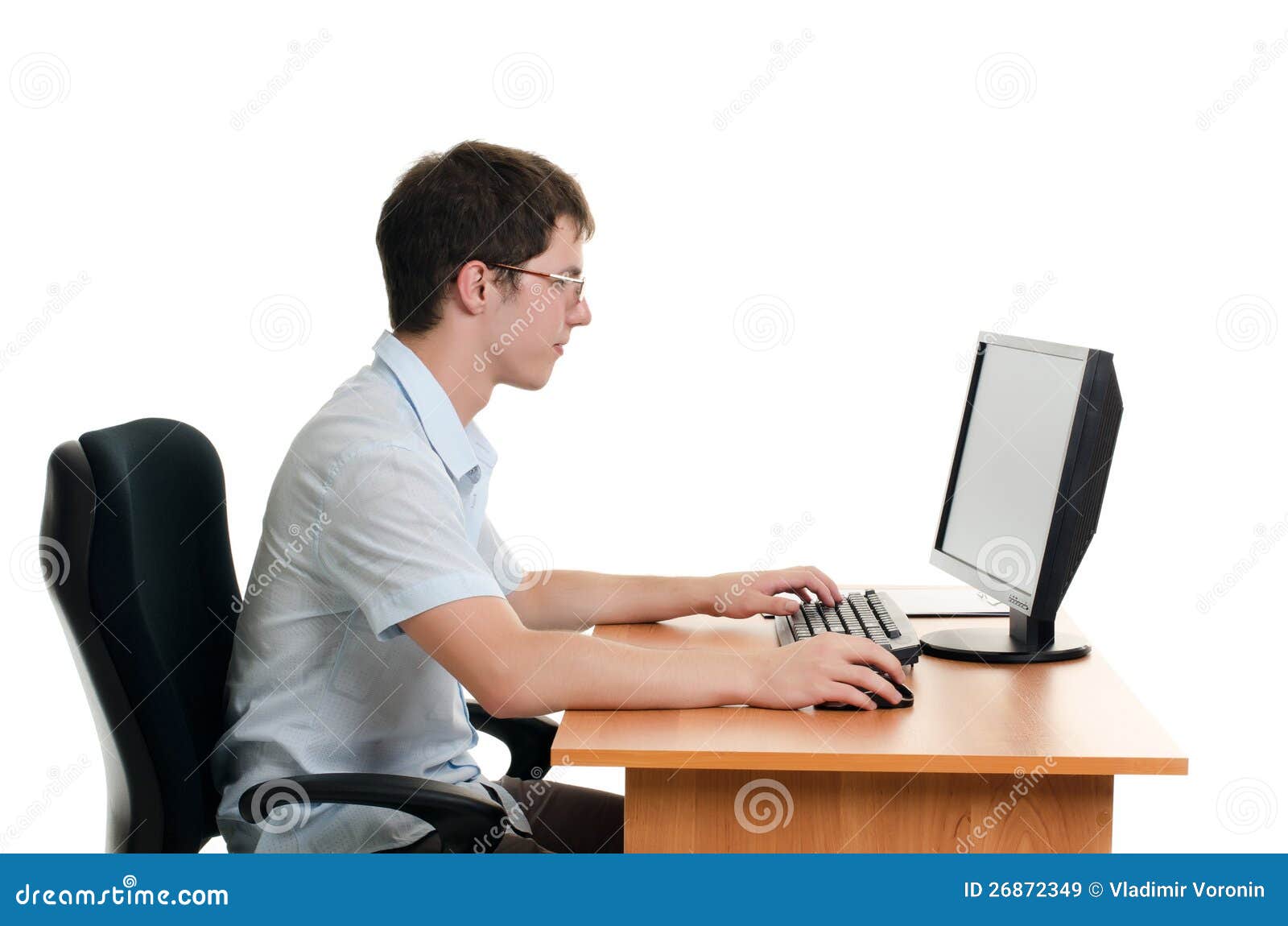 De Zakenman Achter Een Lijst Met De Computer Stock Afbeelding - Image ...