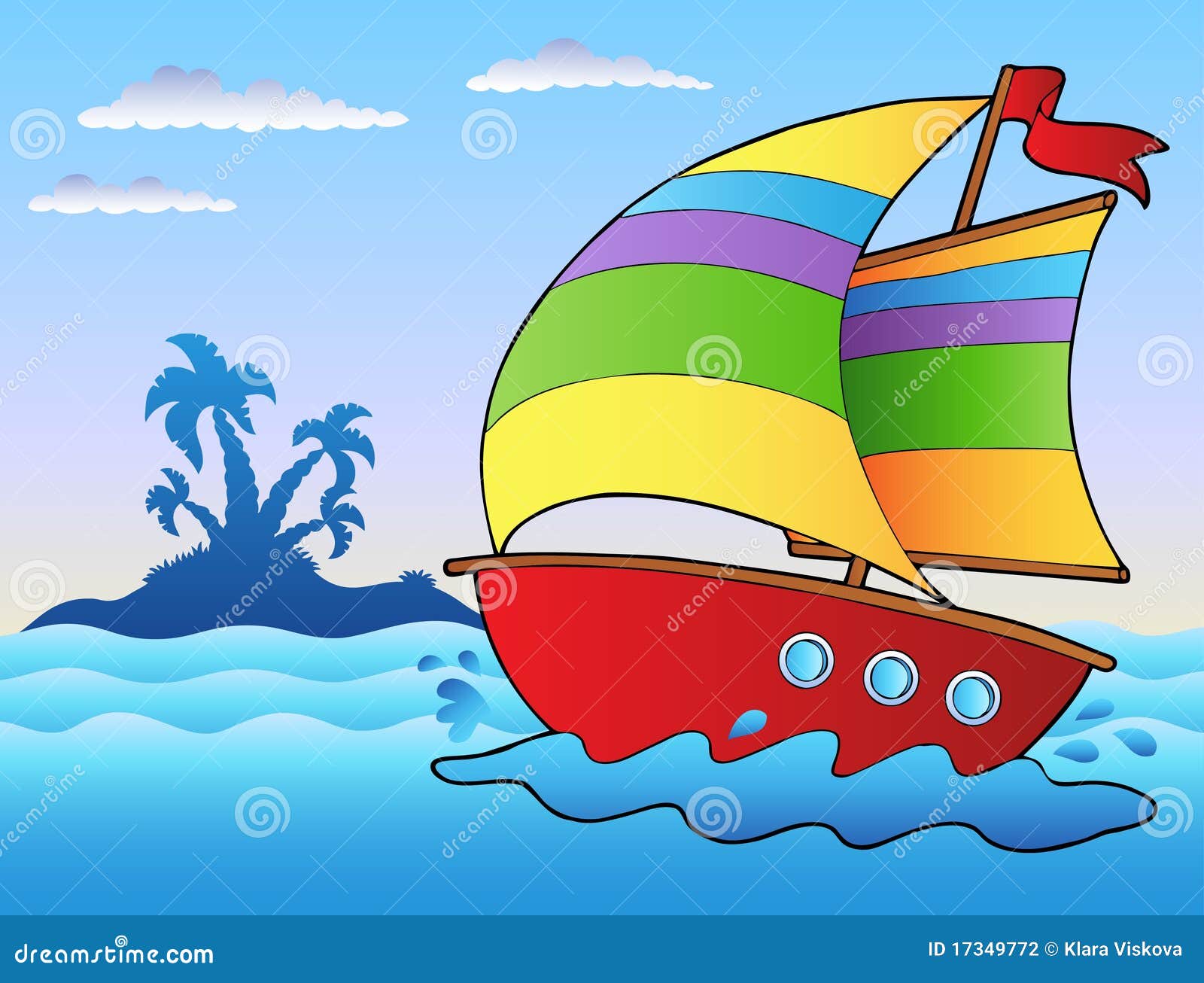 De Zeilboot Van Het Beeldverhaal Dichtbij Klein Eiland Vector ...