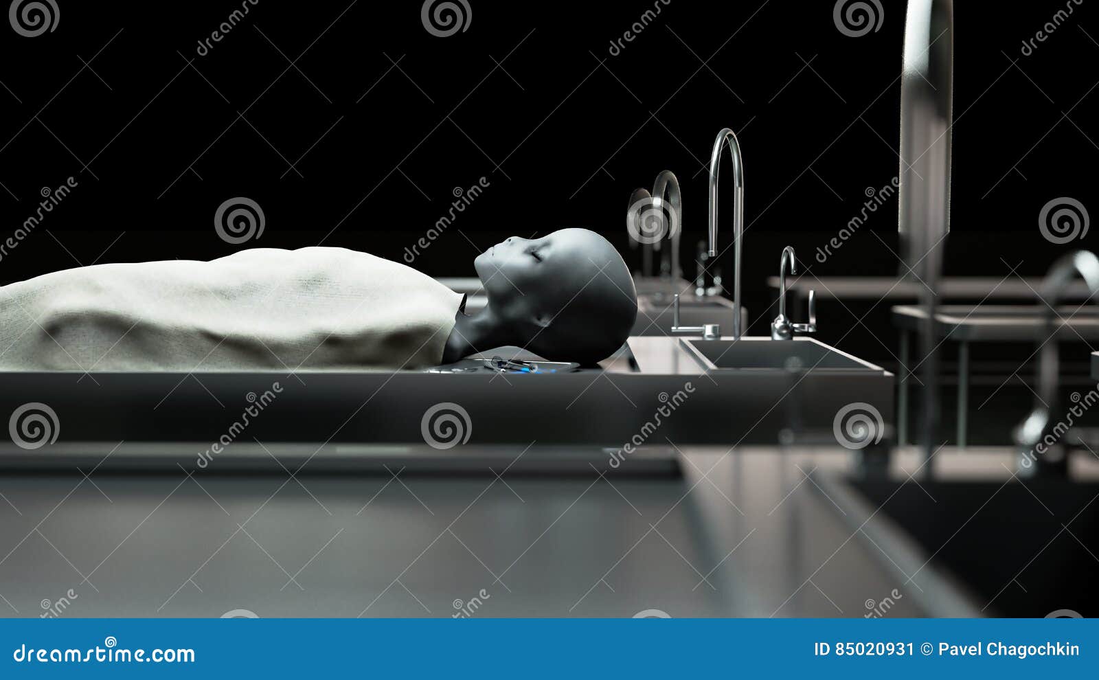 The Dead Alien in the Morgue on the Table. Futuristic Autopsy Concept ...