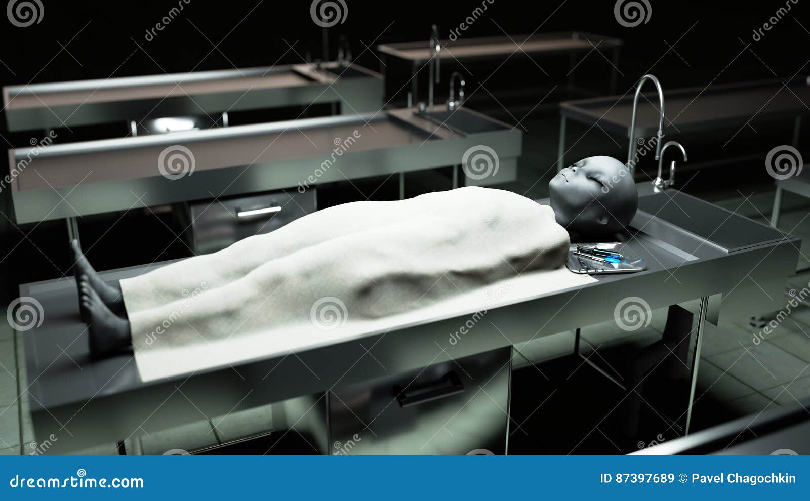 The Dead Alien In The Morgue On The Table. Futuristic Autopsy Concept ...