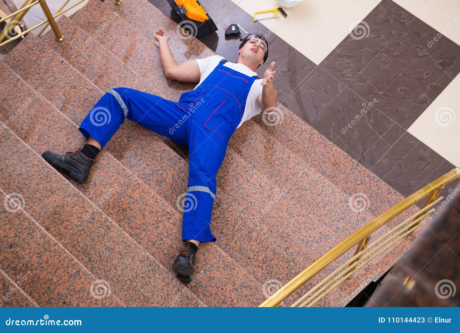 The Dead Contractor Worker Felling Off the Stairs Stock Image - Image ...