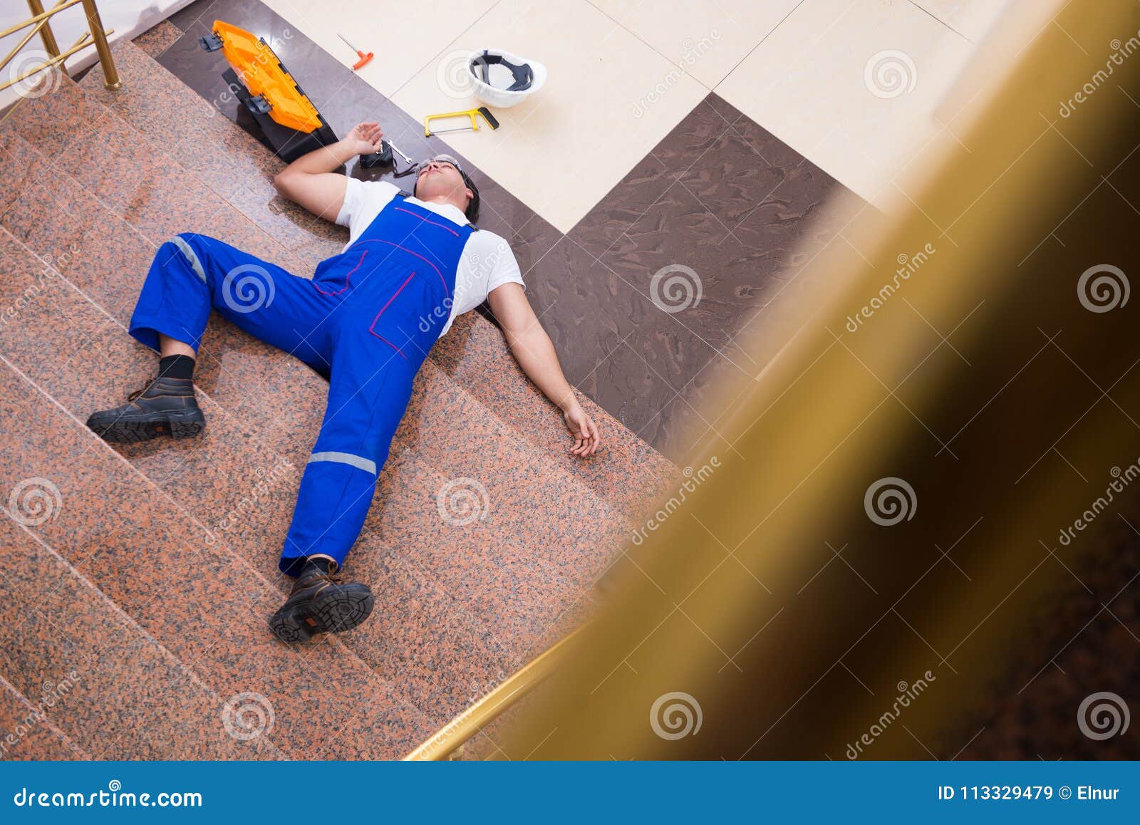 The Dead Contractor Worker Felling Off the Stairs Stock Image - Image ...