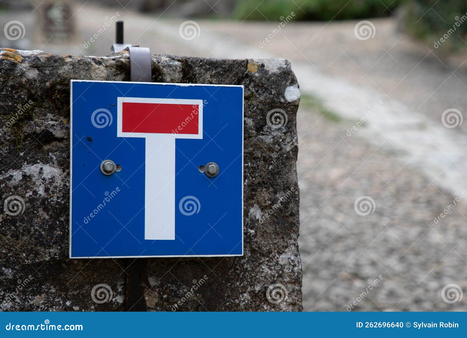 Dead End Street Road Sign Panel on Wall Street Stone Stock Photo ...