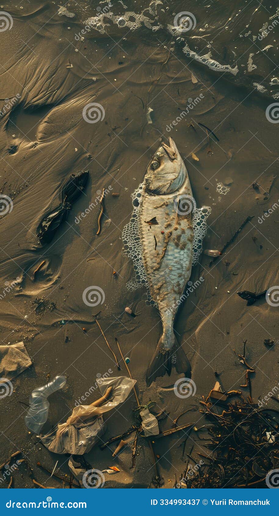 Dead Fish on Polluted Beach, Surrounded by Trash and Plastic ...
