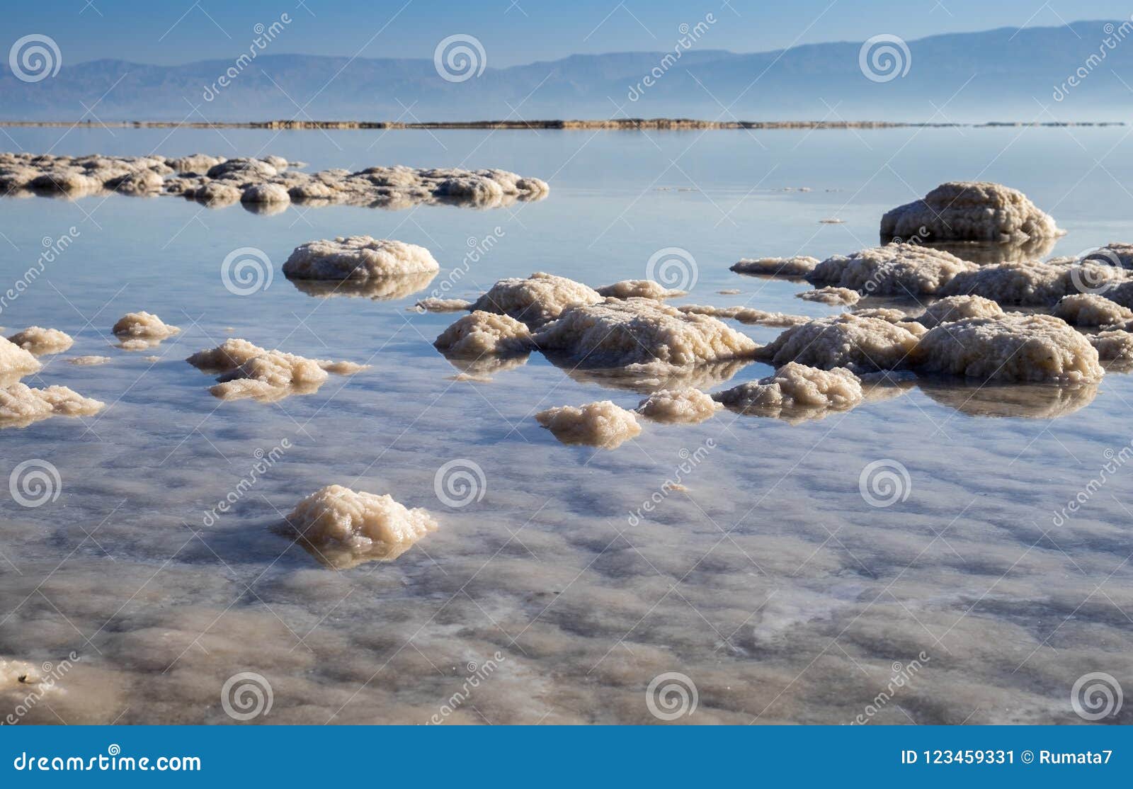 Dead Sea Salt on Beach at Sunrise. Stock Image - Image of chemical ...
