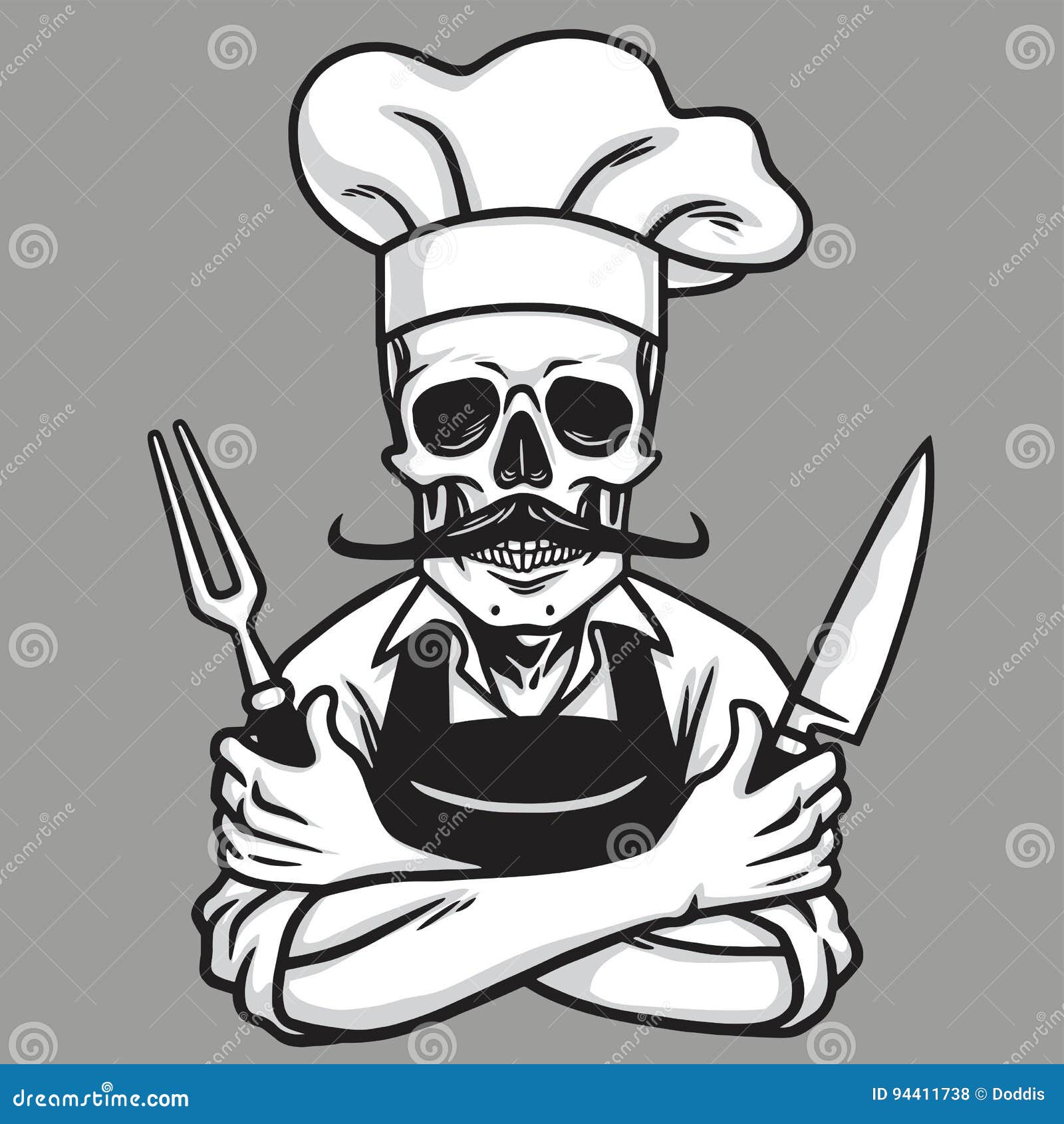 Skull Chef In Chef S Hat With Crossed Spoon And Fork. Logo, Icon. Black ...