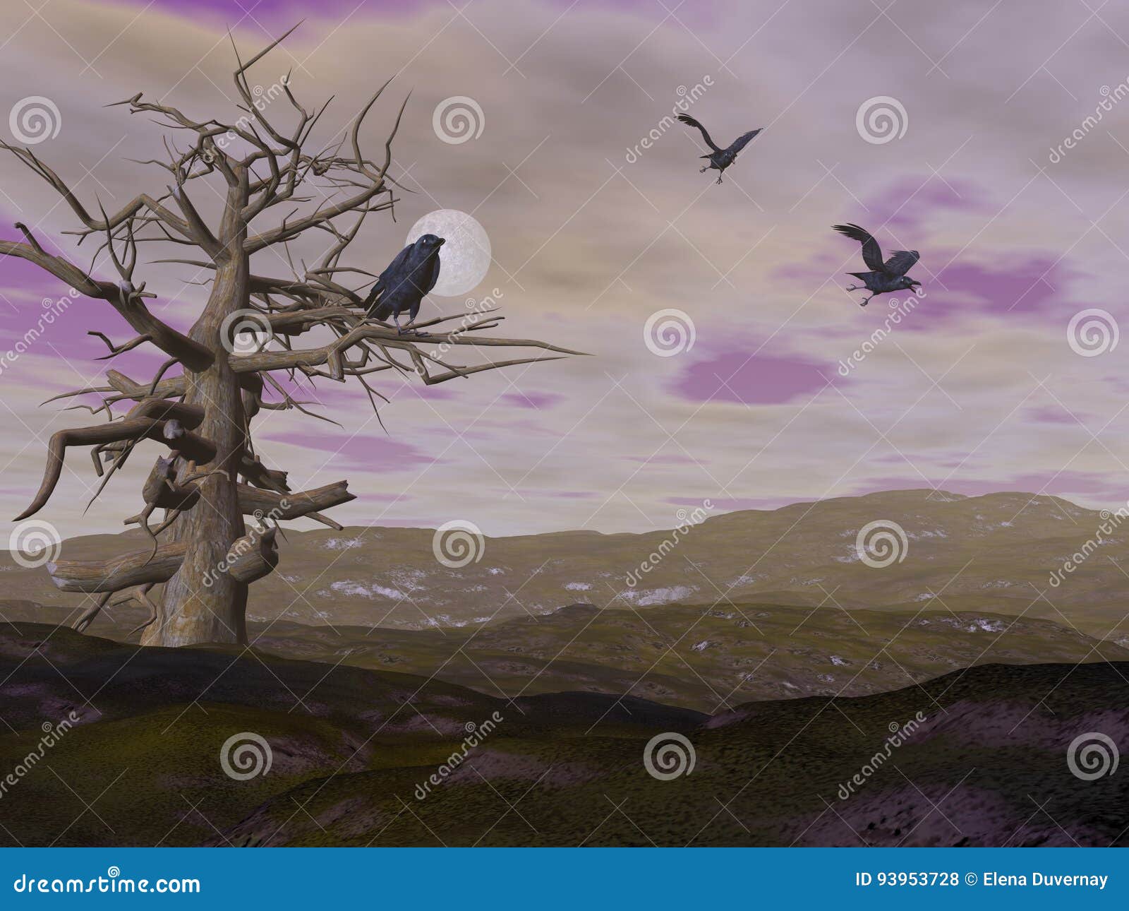 Dead Tree and Crows Raven by Night - 3D Render Stock Illustration ...