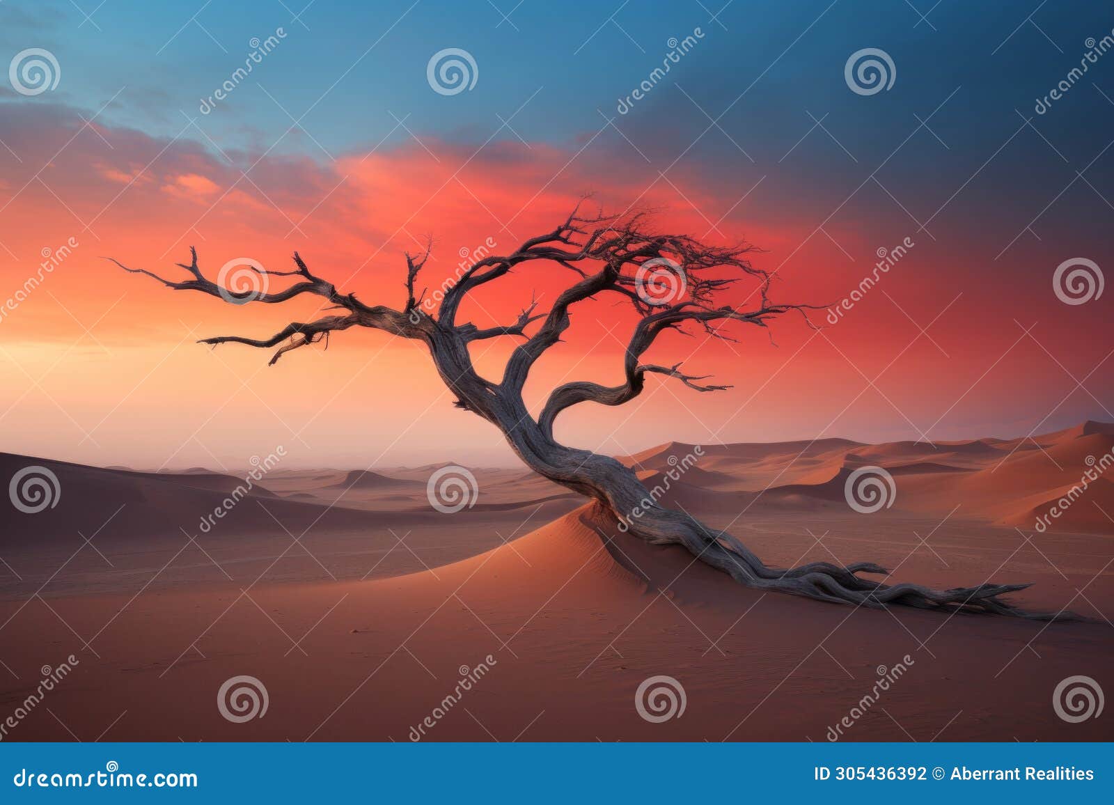 A Dead Tree in the Desert at Sunset Stock Illustration - Illustration ...