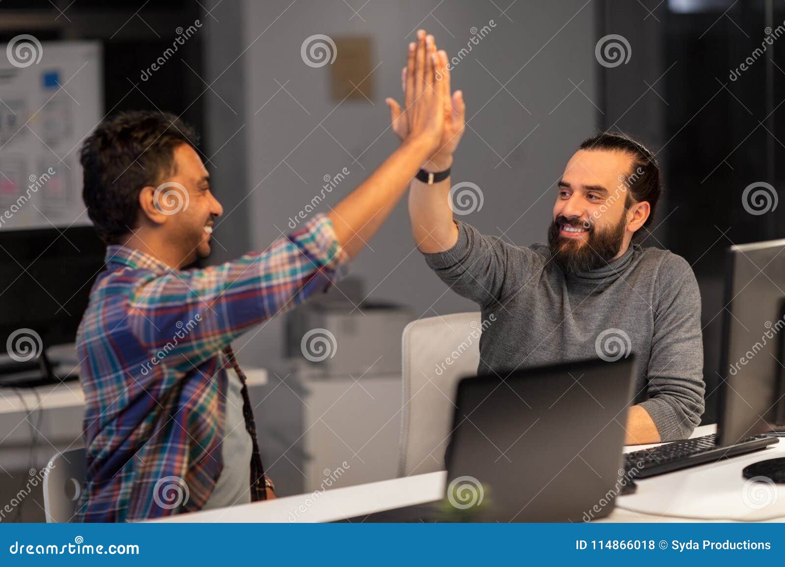 Creative Team Making High Five at Night Office Stock Photo - Image of ...
