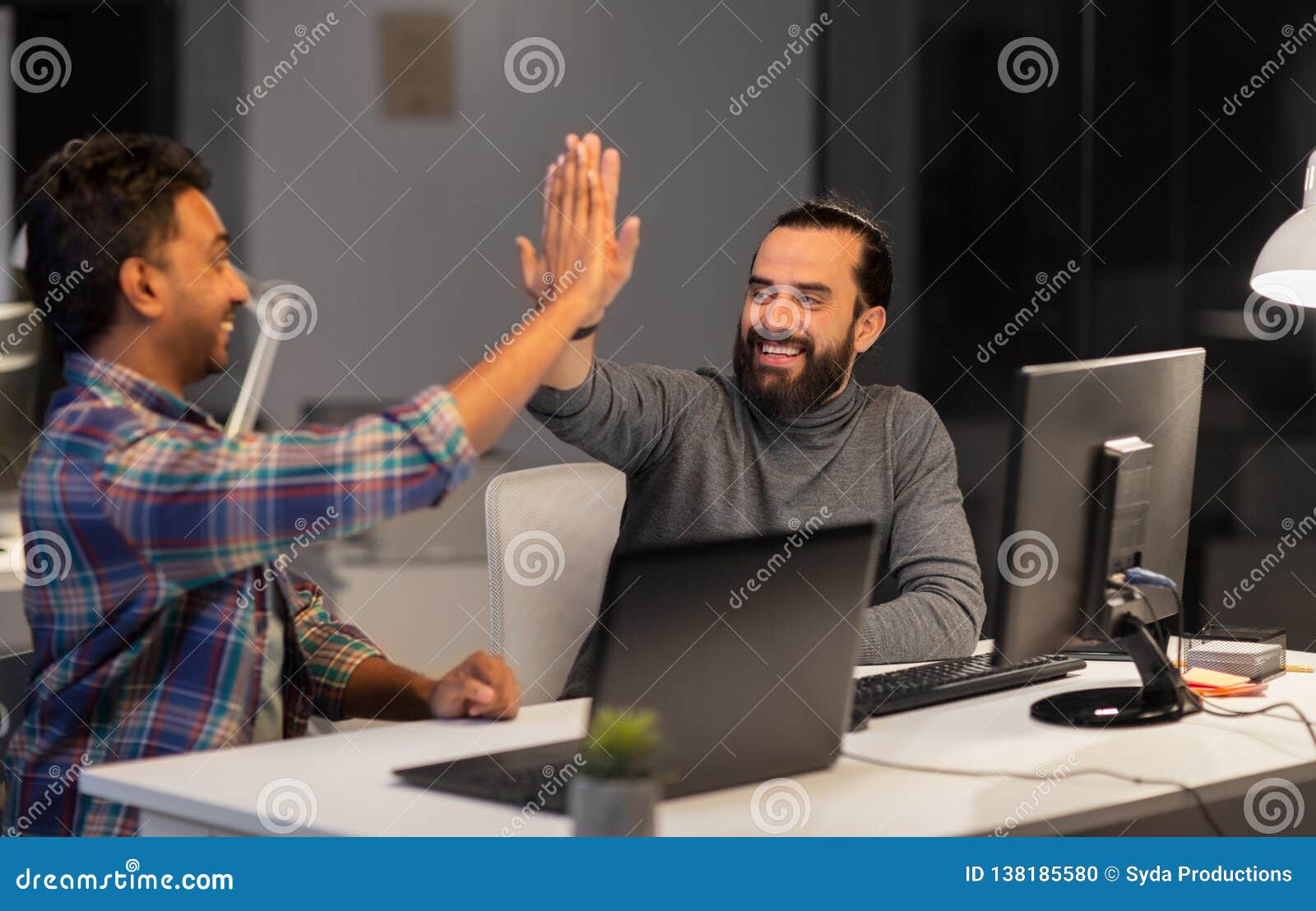 Creative Team Making High Five at Night Office Stock Photo - Image of ...