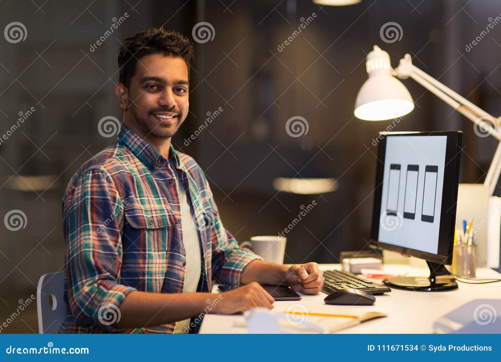 Designer with Computer Working at Night Office Stock Photo - Image of ...