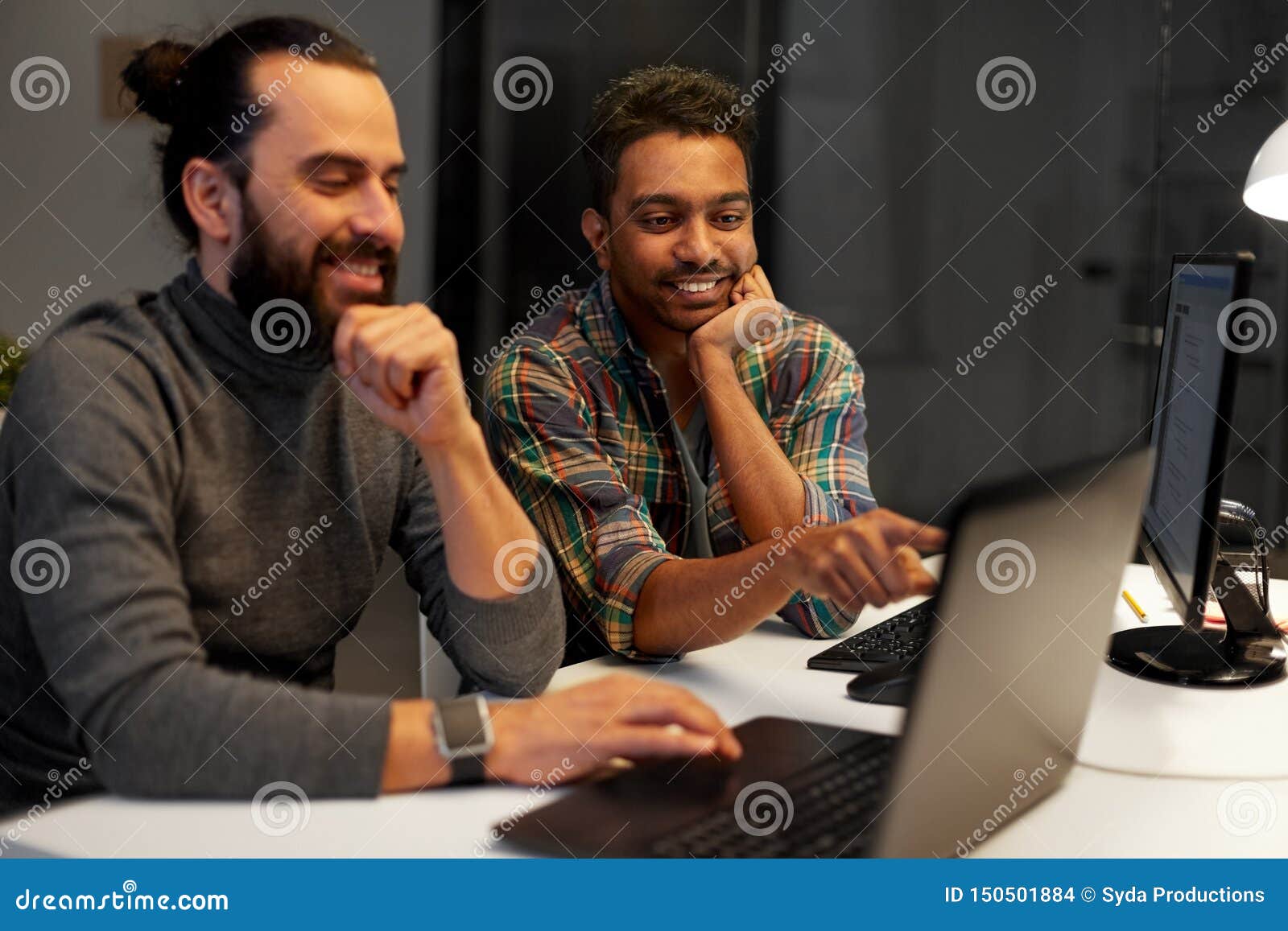 Creative Team with Computer Working Late at Office Stock Photo - Image ...