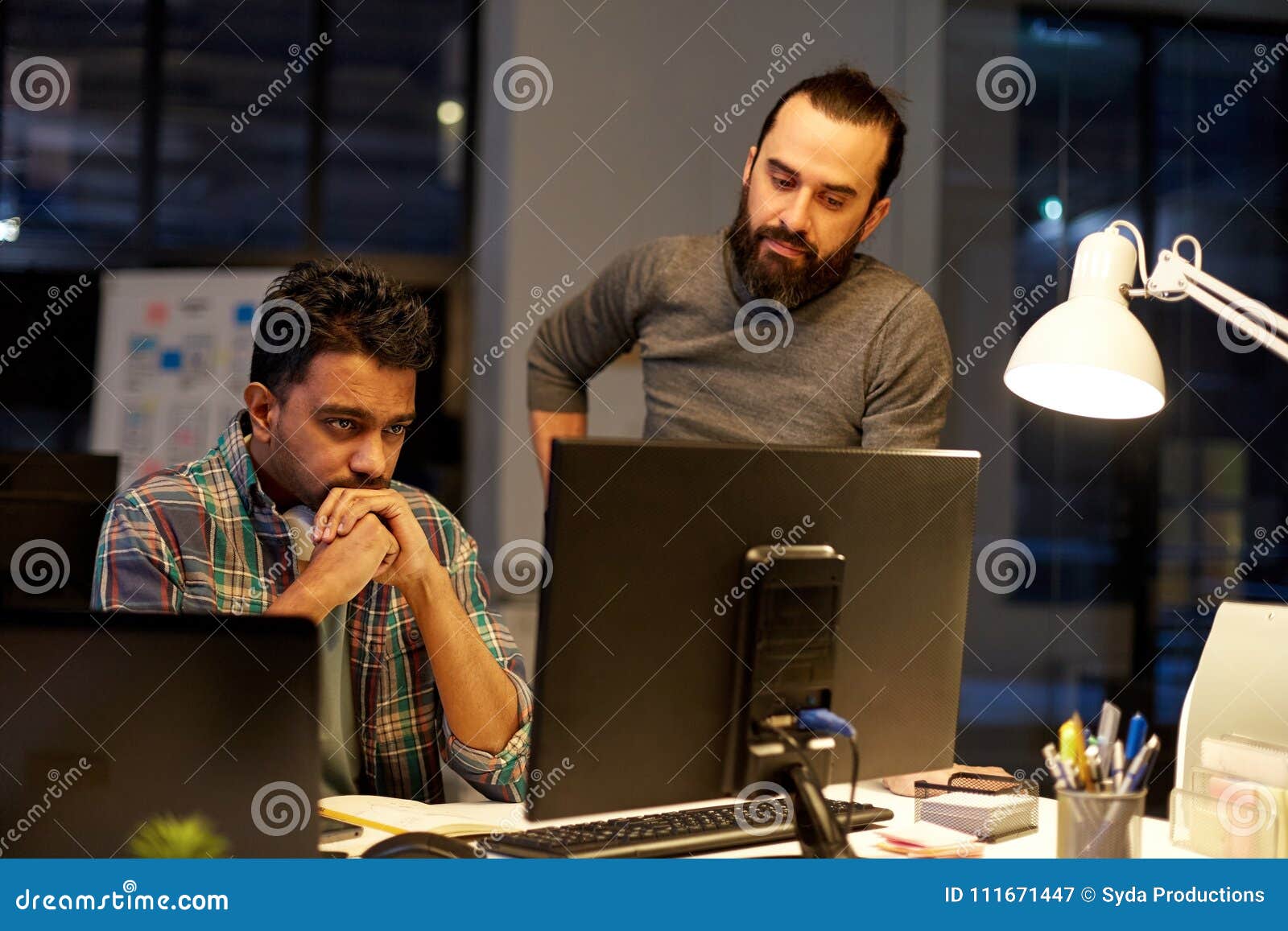 Creative Team with Computer Working Late at Office Stock Image - Image ...