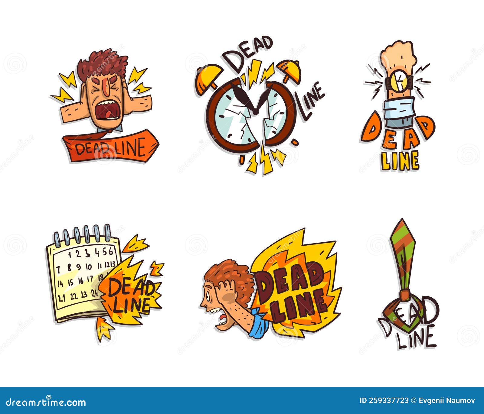 Deadline and Time Limit Labels with Screaming Man, Tie, Broken Clock ...